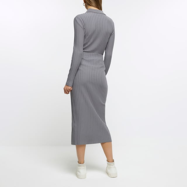 River Island Womens Midi Skirt Grey Ribbed