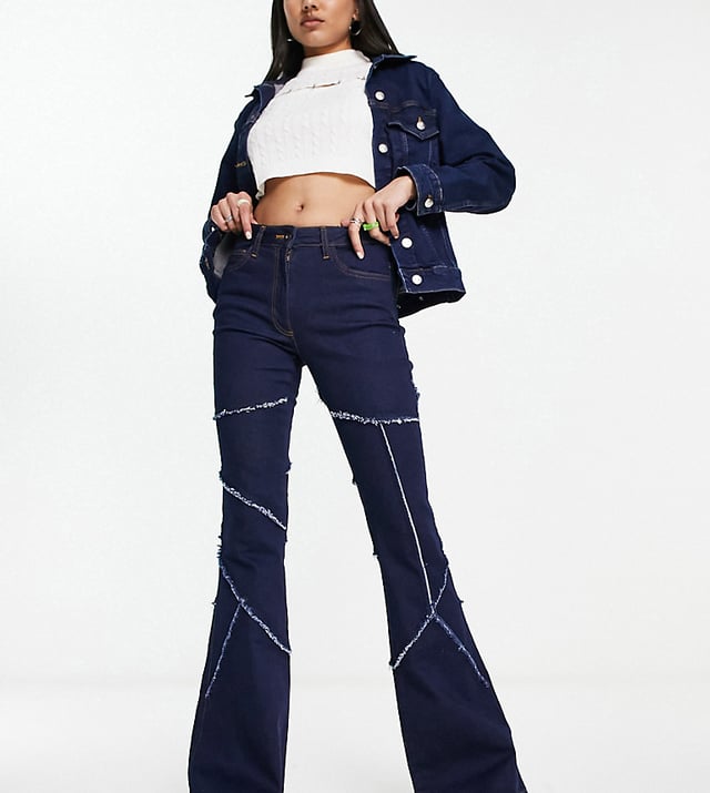 COLLUSION x008 exposed seam flare jeans in indigo-Blue