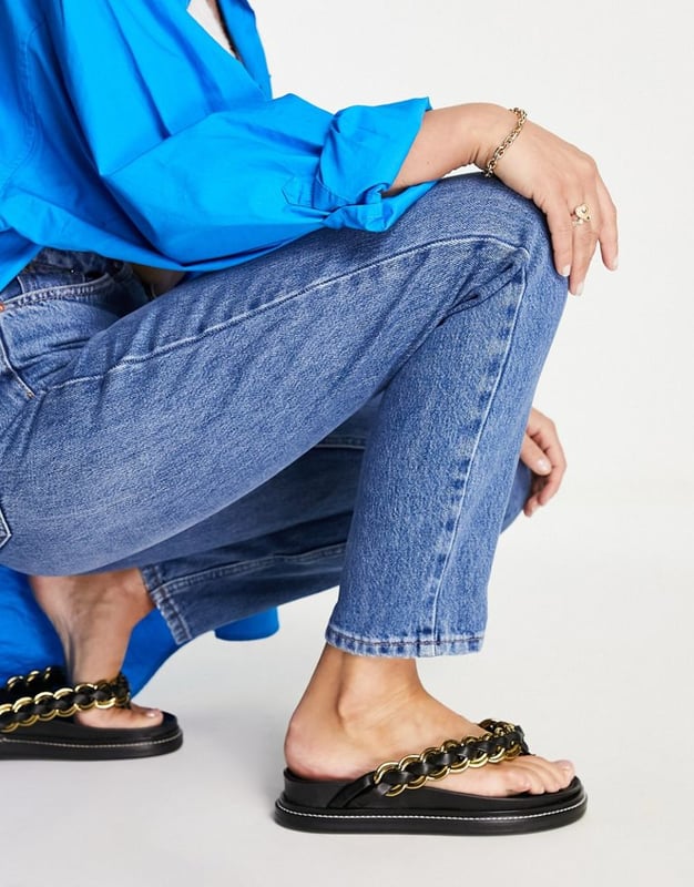 ASOS DESIGN Festive premium leather chain flat sandals in black