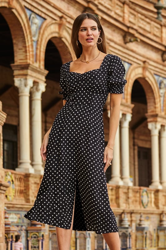 Black & White Spot Print Sweetheart Neckline Midi Dress