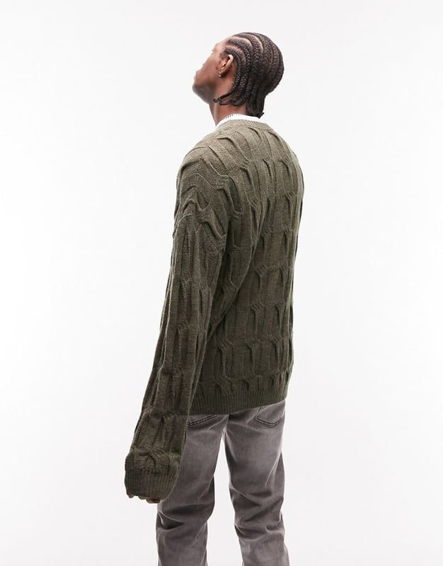 Topman knitted crew neck with enlarged cable knit in khaki-Green