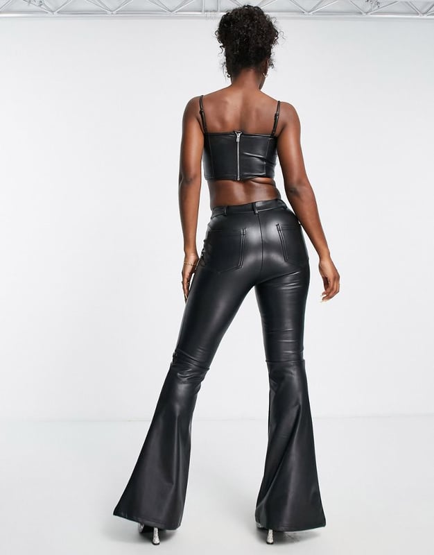 Miss Selfridge Faux Leather Diamante Fringe Kickflare Trouser In Black