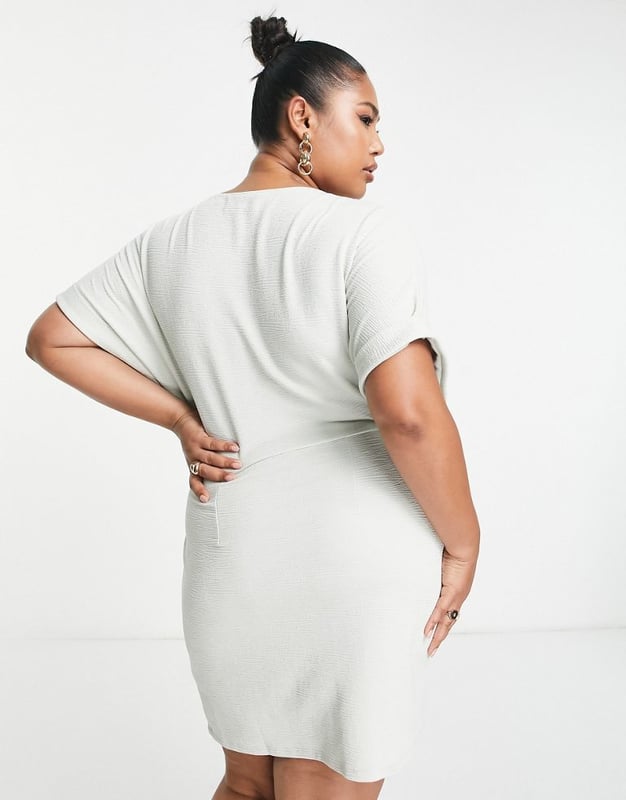 ASOS DESIGN Curve textured short sleeve mini wrap dress in grey