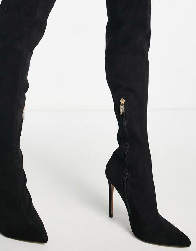ASOS DESIGN Petite Koko heeled over the knee boots in black micro