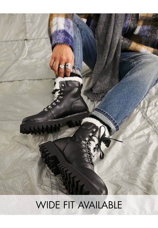 ASOS DESIGN chunky lace up boot in black faux leather with borg lining