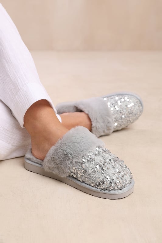 Wheres That From Womens 'Snuggle' Slip On Sequin Slippers With Fur Trim