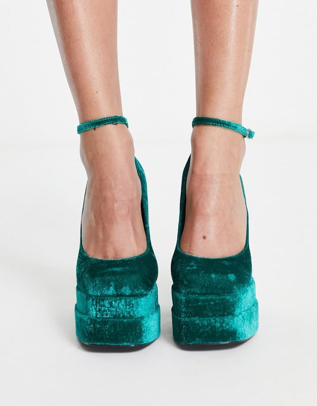 ASOS DESIGN Pistol double platform heeled shoes in teal velvet-Blue