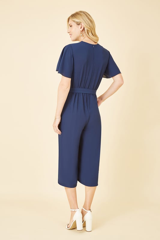 Navy Wrap Over Jumpsuit With Angel Sleeves