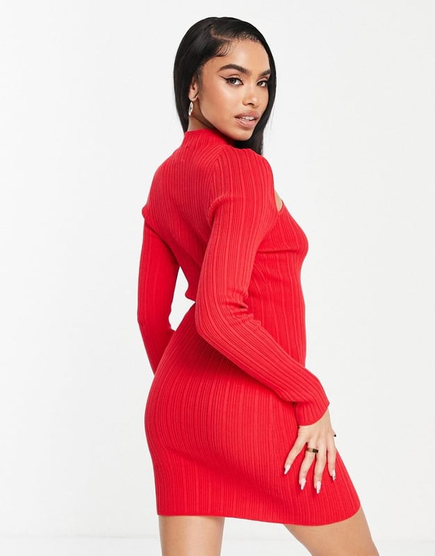 ASOS DESIGN knitted mini dress with twist front detail in red