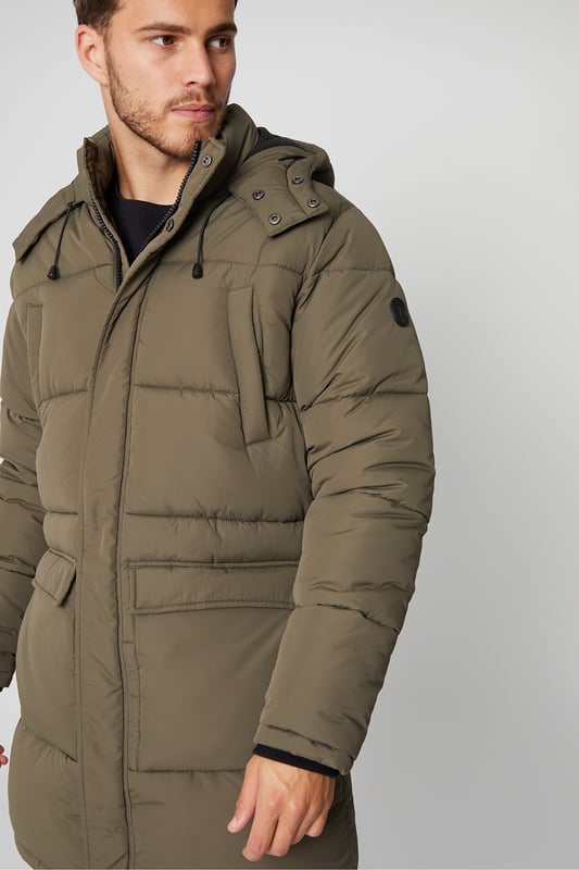 Khaki 'Olympia' Showerproof Longline Hooded Puffer Jacket