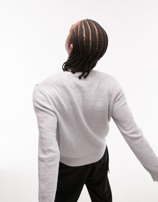 Topman brushed knitted crew neck jumper in light grey