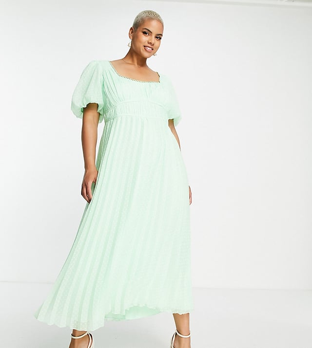 Asos Design Curve Puff Sleeve Pleated Dobby Midi Dress With Scallop
