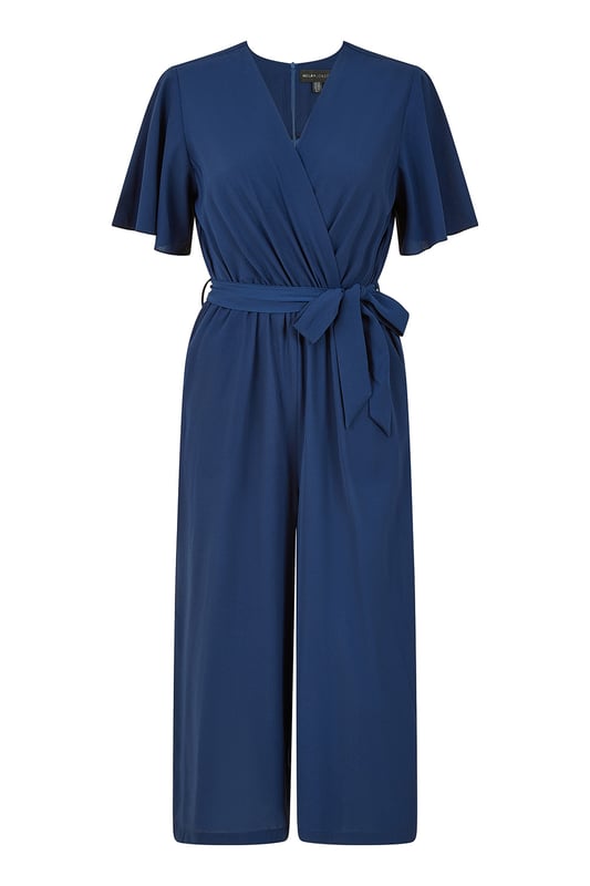 Navy Wrap Over Jumpsuit With Angel Sleeves