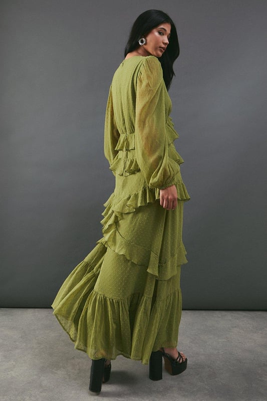 Chiffon Plunge Neck Ruffle Detail Volume Sleeve Maxi Dress
