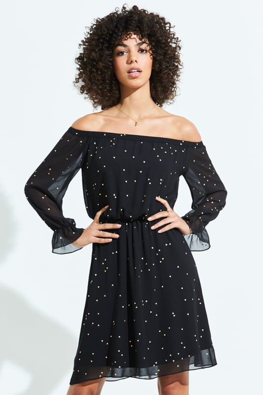 Black & Gold Geometric Print Elastic Waist Bardot Dress