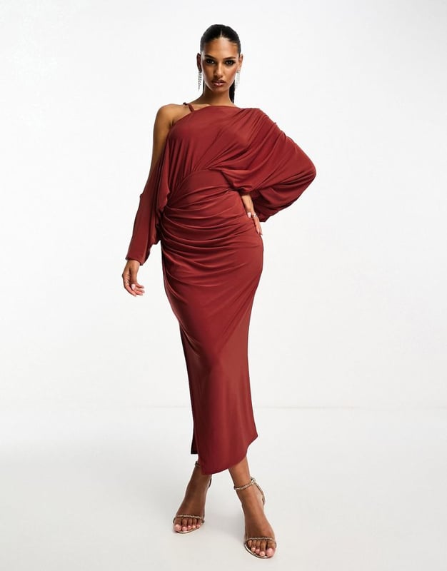 ASOS DESIGN off shoulder grecian drape midi dress in rust-Copper