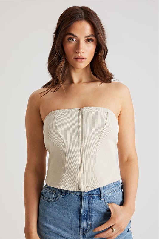 Cream Rib Zip Up Corset Top