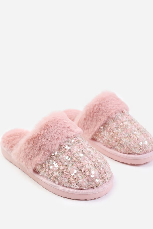 Wheres That From Womens 'Snuggle' Slip On Sequin Slippers With Fur Trim