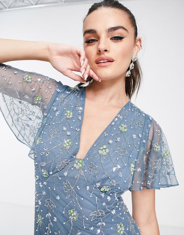 ASOS DESIGN flutter sleeve maxi dress with trailing floral ...
