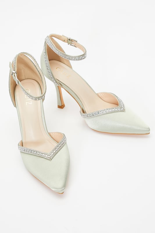 Sage Satin Diamante Trim Court Heels