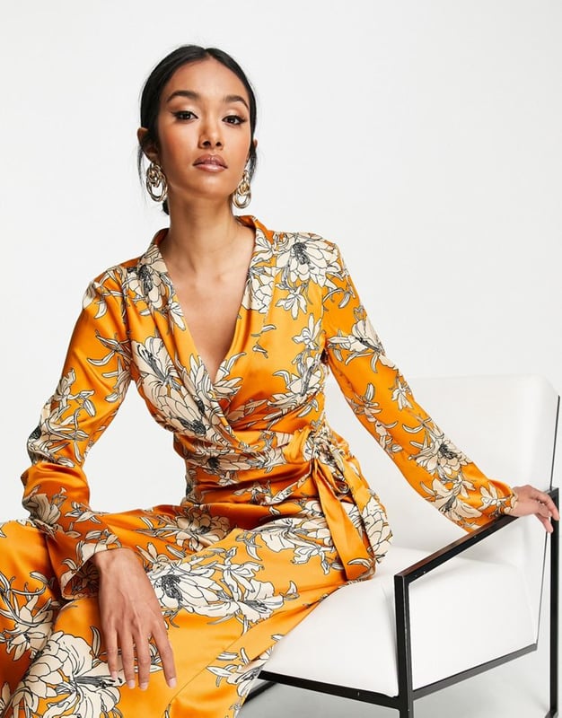 ASOS DESIGN satin collared wrap top co-ord in orange floral print-Multi