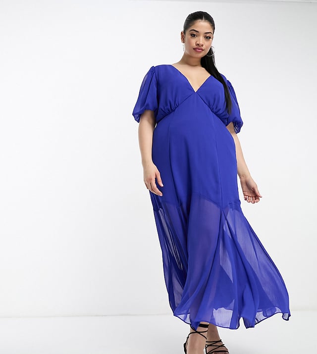 ASOS DESIGN Curve chiffon v neck midi dress with flutter sleeves and godet hem in cobalt-Blue