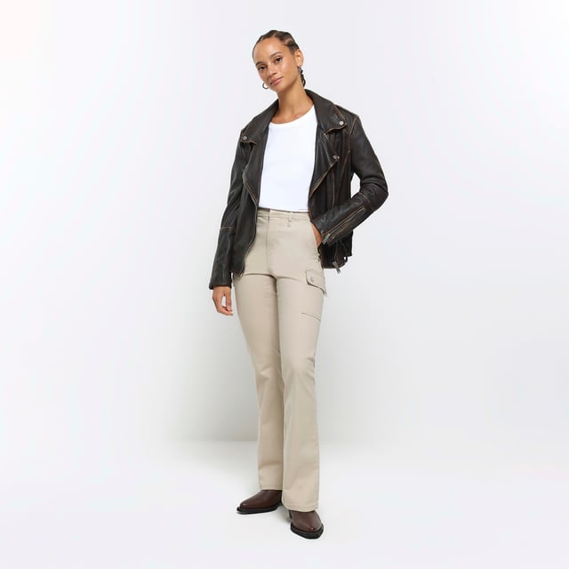 River Island Womens Cargo Trousers Ecru Flared