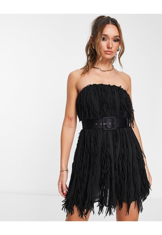 ASOS DESIGN mini bandeau dress in shredded chiffon with belt detail in ...