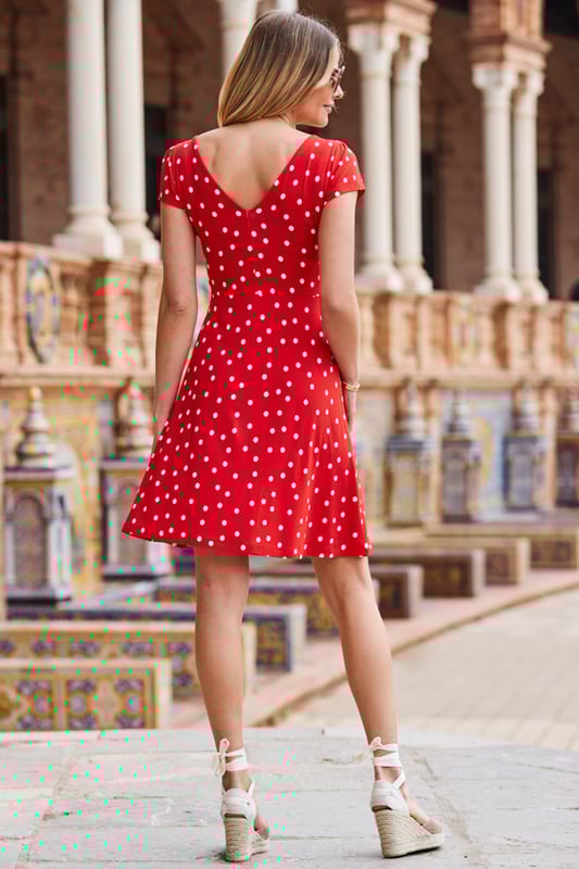 Red & White Spot Print Ruched Neckline Jersey Dress