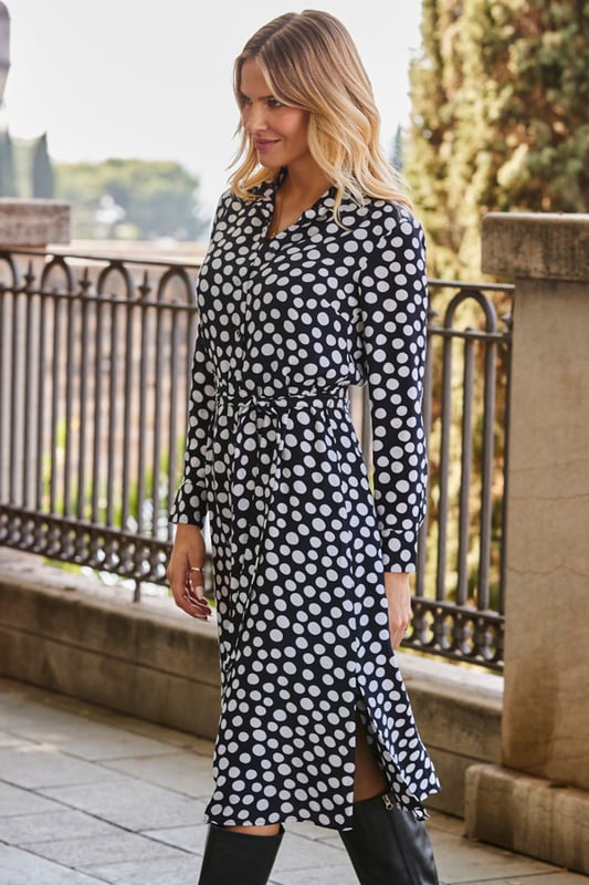 Black & White Spot Print Belted Shirt Dress