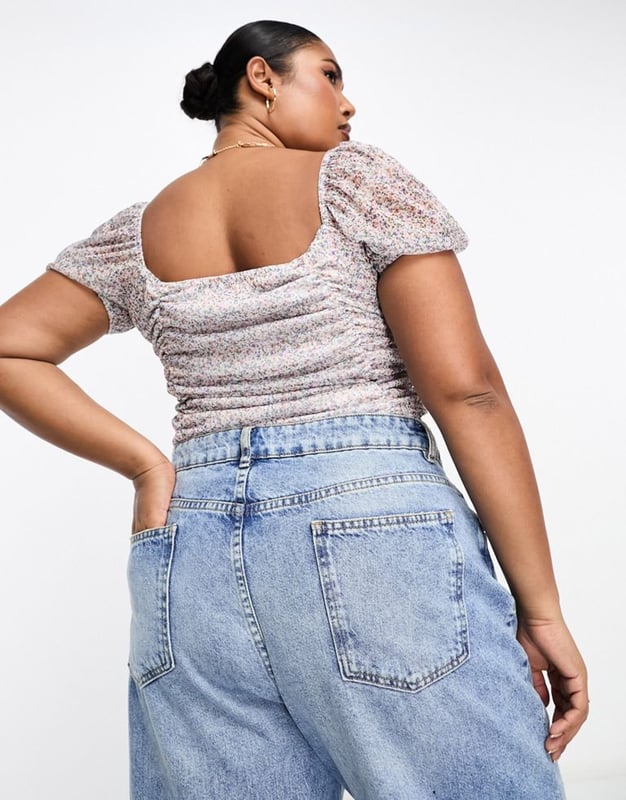 In The Style Jess Millichamp floral print puff sleeve ruched top in blue