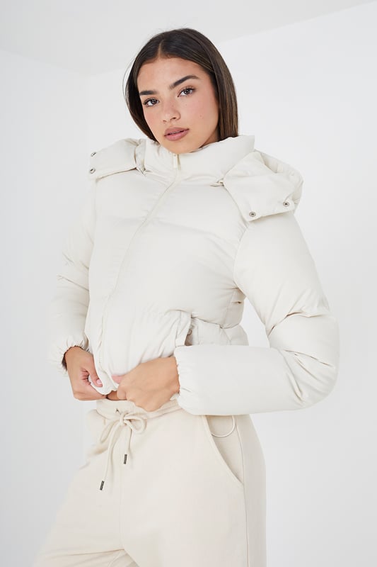 Stone Cropped Hooded Puffer Jacket With Detachable Hood