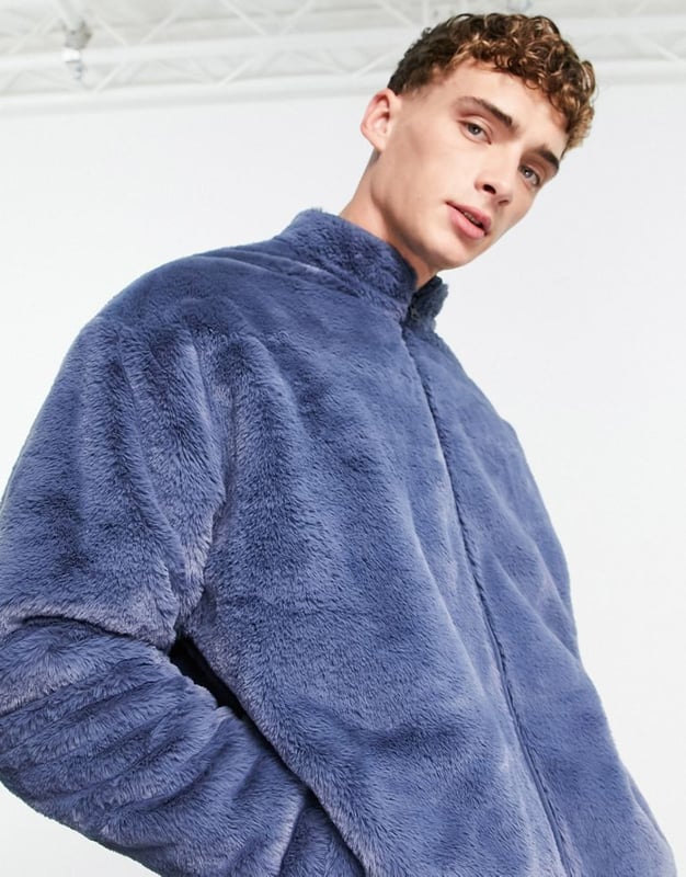 ASOS DESIGN oversized track jacket in navy faux fur-Blue