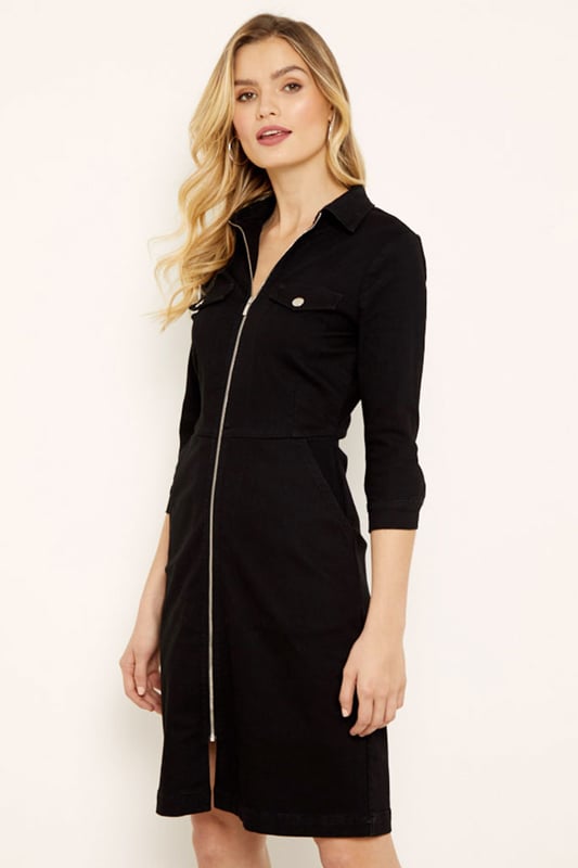 Black Zip Front Denim Dress With Pockets