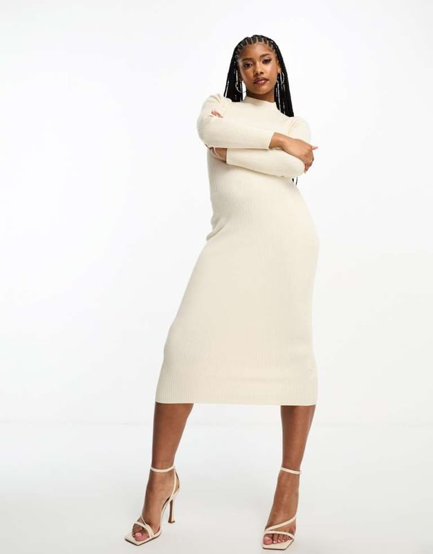 Simmi knitted open back midi jumper dress in stone-Neutral