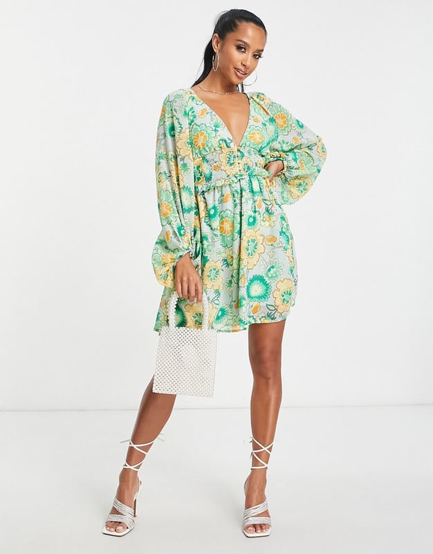 ASOS DESIGN Petite soft shirred waist open back mini dress in green ...