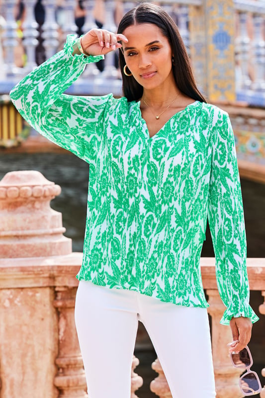 Green & White Floral Print Plisse Blouse