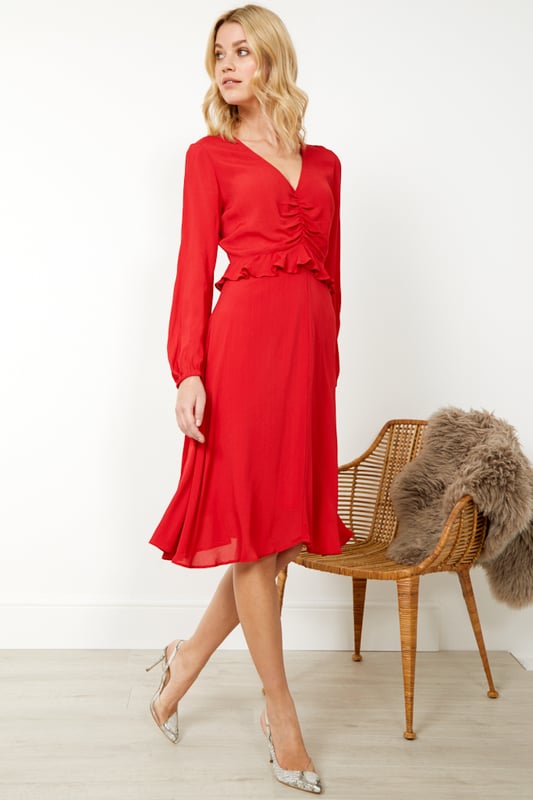Red V Neck Ruffle Detail Fit & Flare Dress