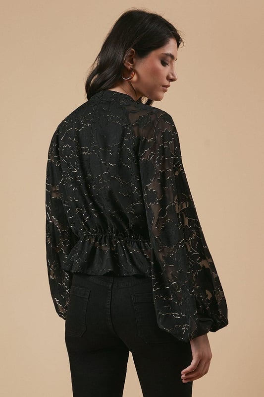 Chiffon Metallic Jacquard Keyhole Blouse