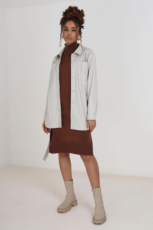 Stone 'Dana' Faux Leather Self Tie Shacket