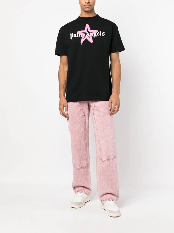 Palm Angels Pink Star Sprayed Logo-print T-shirt Black