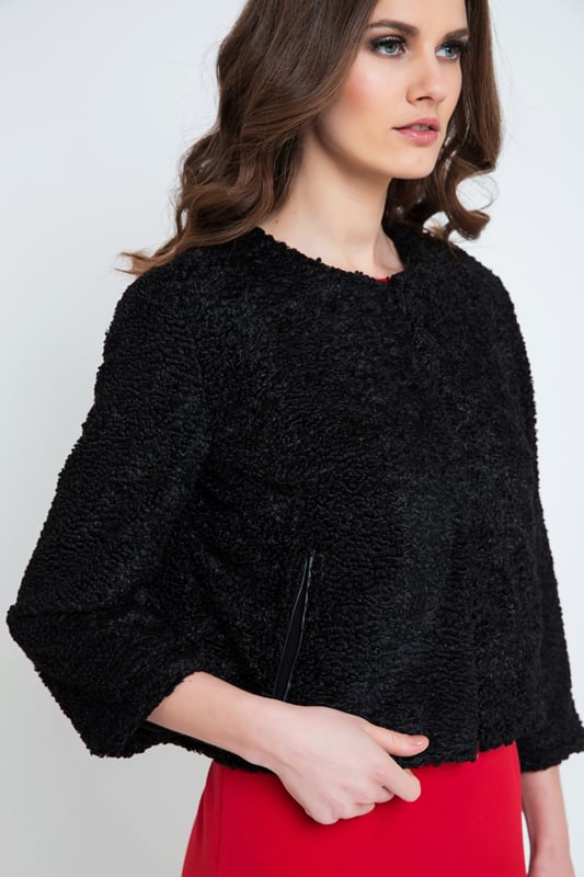 Black Astrakhan Jacket with Pleather Detail