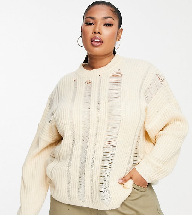 ASOS DESIGN Curve jumper with open ladder stitch detail in cream-White