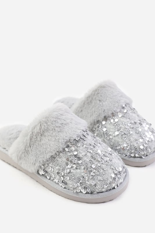 Wheres That From Womens 'Snuggle' Slip On Sequin Slippers With Fur Trim