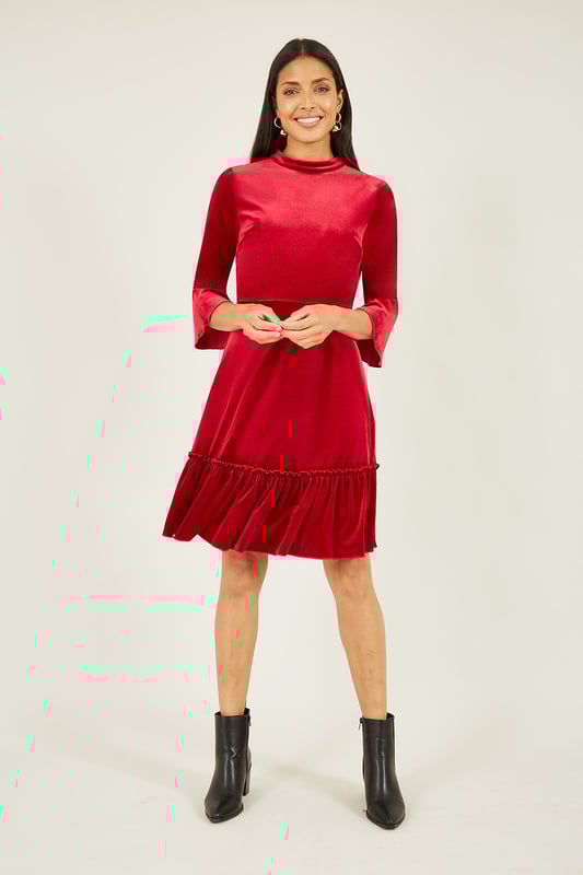 Red Velvet High Neck Skater Dress