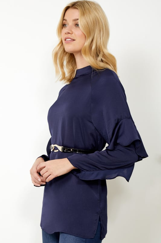 Navy Blue Ruffle Sleeve Relaxed Fit Top