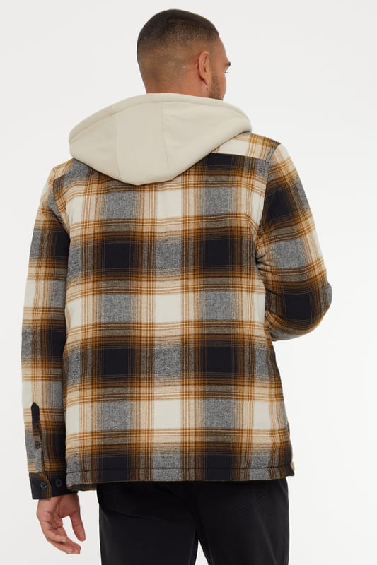 Camel 'Scotch' Check Shacket with Borg-Lined Hood