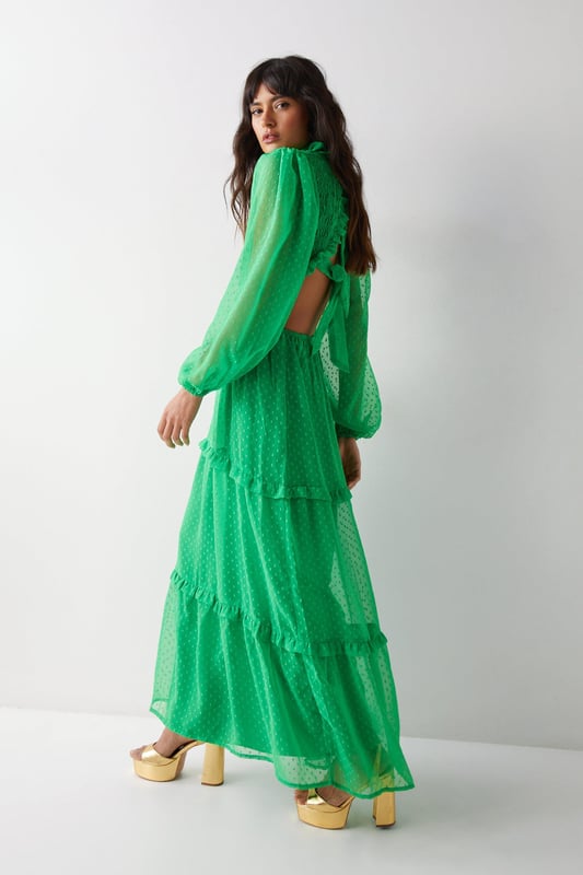 Shirred Dobby Chiffon Open Back Maxi Dress