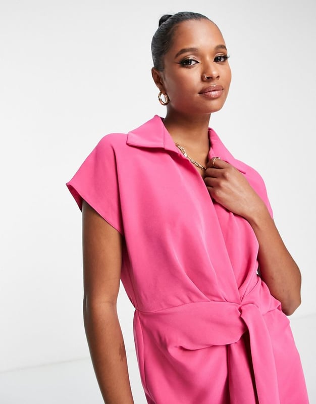 ASOS DESIGN Petite collared wrap front mini dress with knot in magenta-Pink