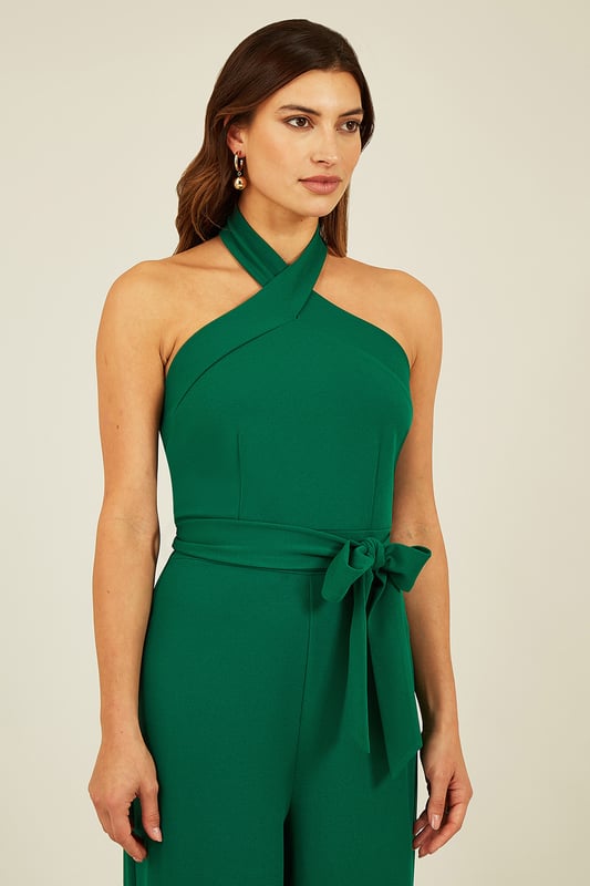 Green Cross Over Halter Neck Jumpsuit